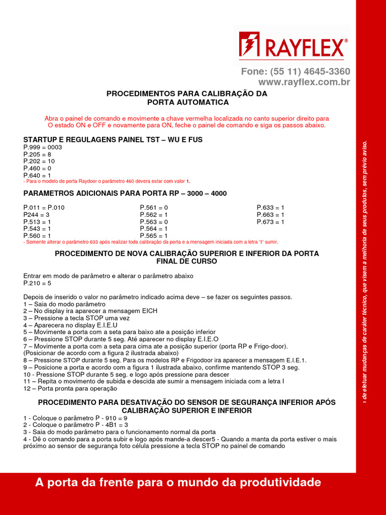 Porta Rayflex Procedimentos Parâmetros Alarmes Falhas Regulagens ...