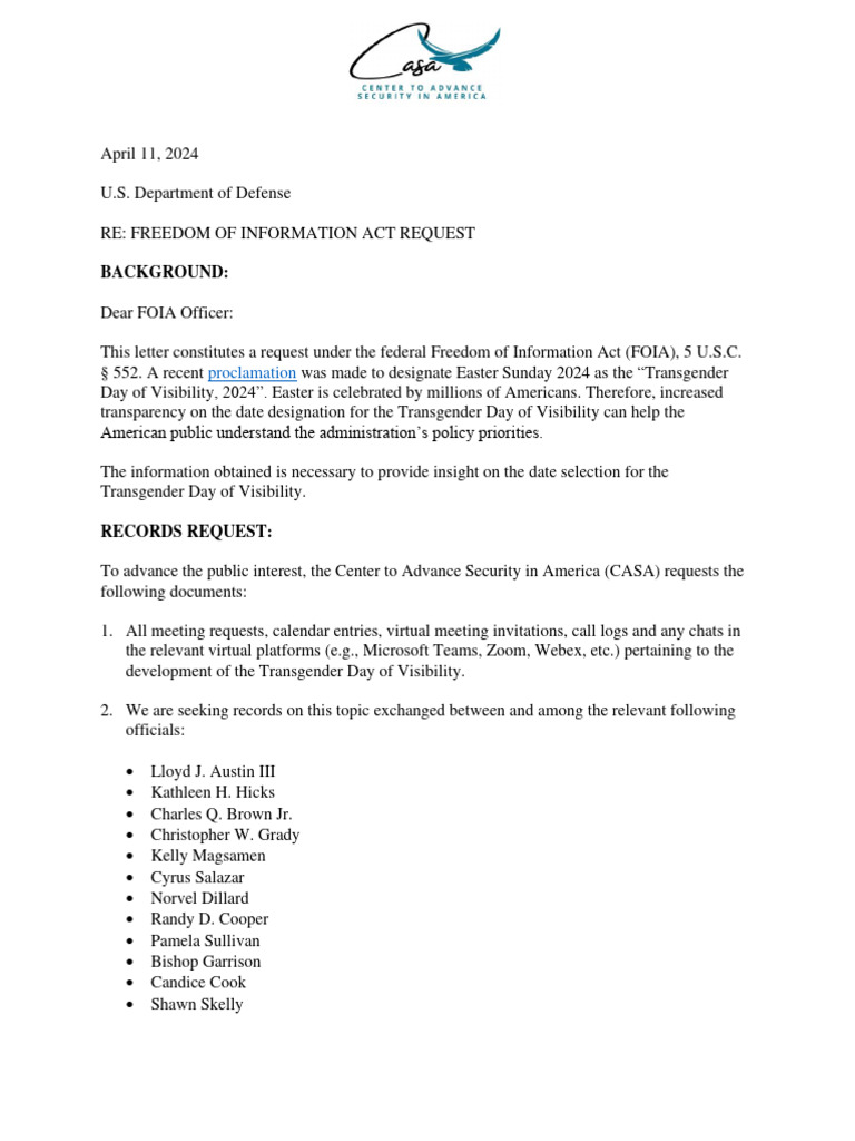 CASA FOIA DoD Transgender Day of Visibility 2024-04-11 | PDF | Freedom ...