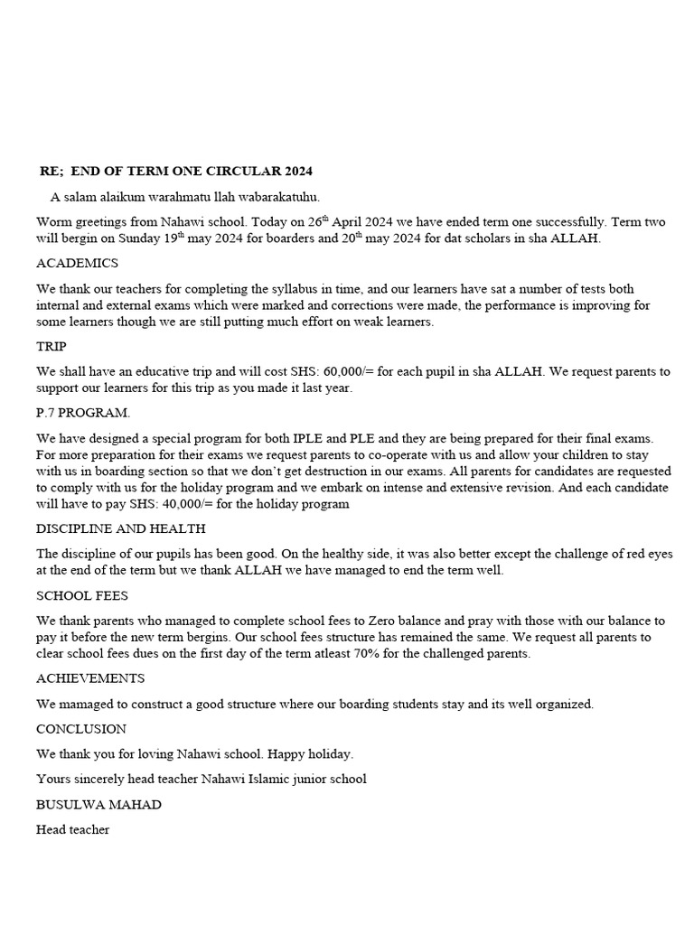 End of Term One Circular 2024 | PDF
