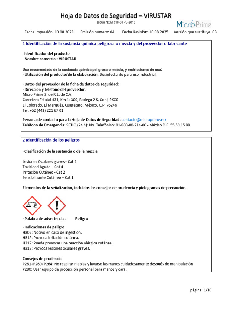 Hoja de Seguridad de VIRUSTAR 2025 | PDF | Agua | Residuos