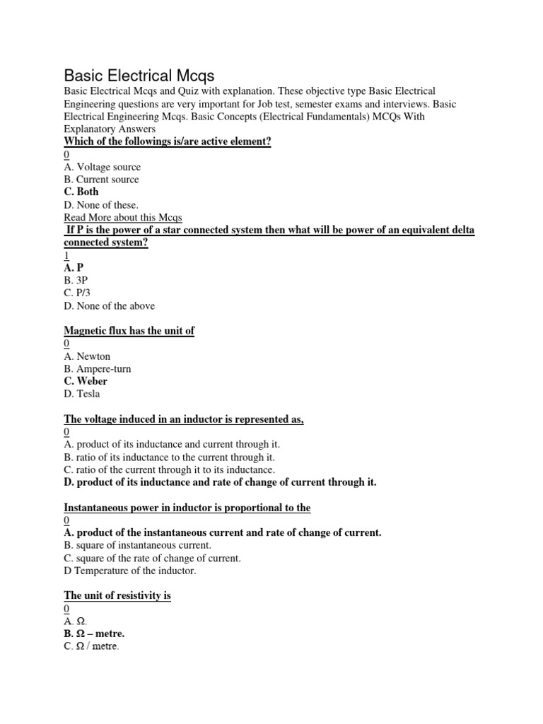 Basic Electrical Mcqs-1 | PDF | Rectifier | Electrical Resistance And Conductance