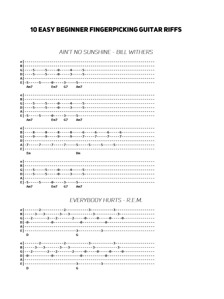 10 Easy Beginner Fingerpicking Guitar Riffs | PDF | Chordophones ...