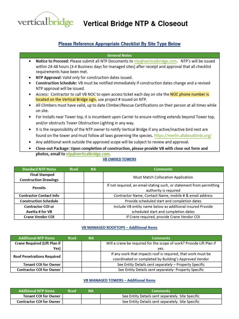 Vertical Bridge NTP Checklist Form - CF - 12-6-23 | PDF | Indemnity ...