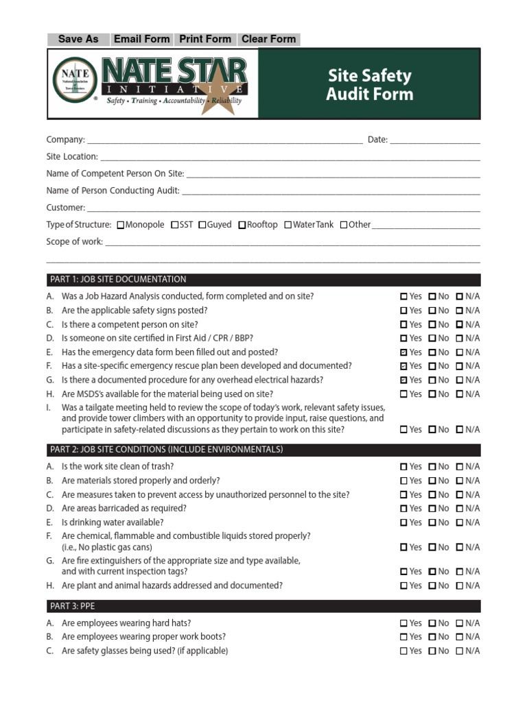 Nate Star Site Audit Safety Form | PDF | Personal Protective Equipment ...