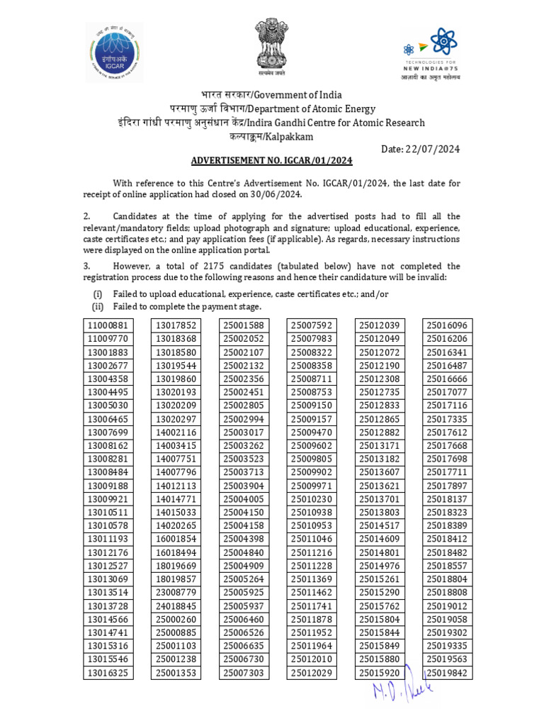 Invalid Application List On IGCAR Website-22072024 | PDF