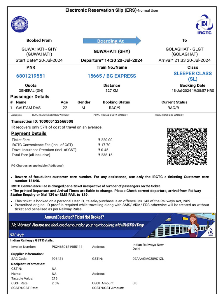 BG EXPRESS Sleeper Class (SL) | PDF | Identity Document