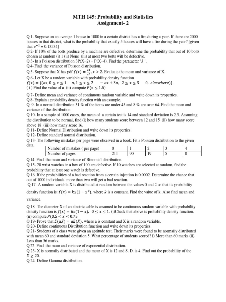 Probability and Statistics Assignment 2 | PDF | Probability Density Function | Variance
