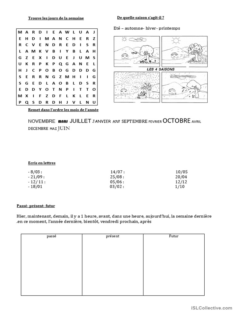 Jours, mois et saisons en français | PDF