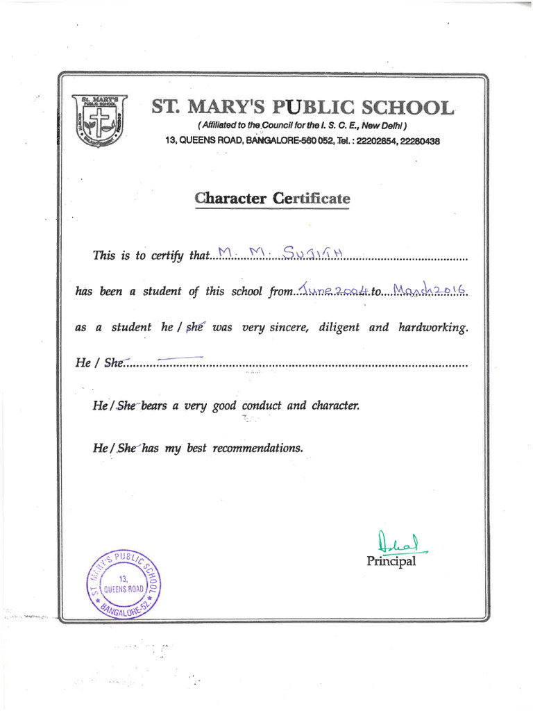 MM SUJITH - 10th Character Certificate | PDF