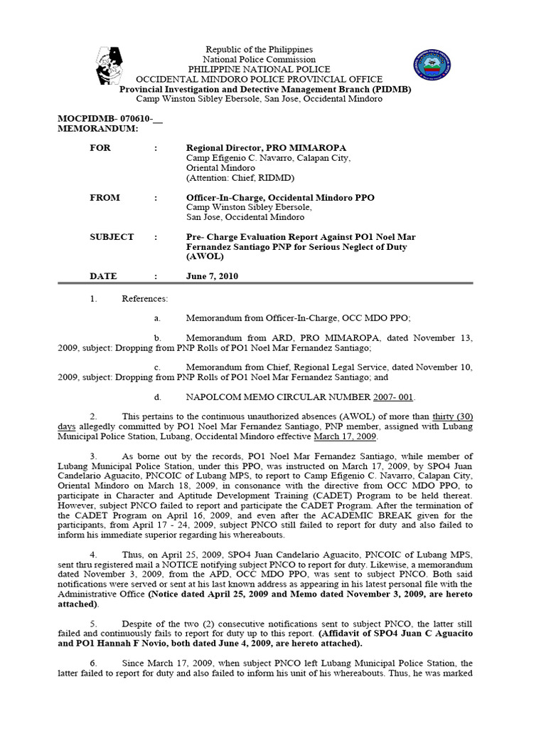 Pre-Charge Evaluation Reports on PNP Officers | PDF | Memorandum | Law Enforcement