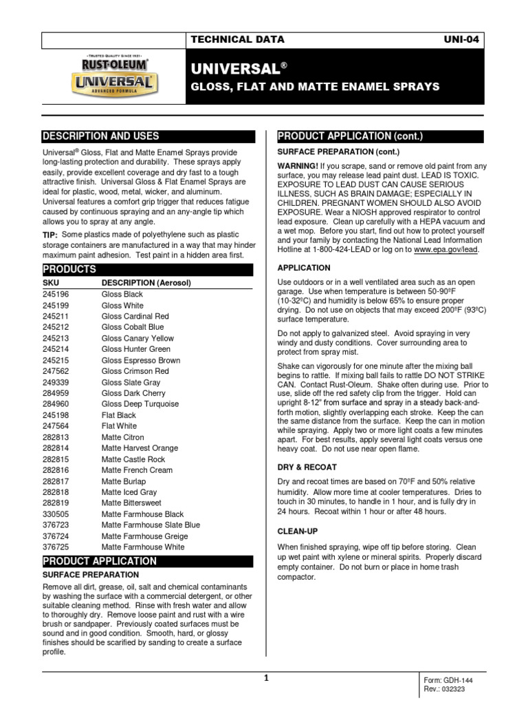 UNI-04 Universal Gloss Flat and Matte Enamel Sprays TDS 2 | PDF | Paint ...