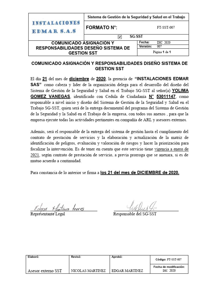 Cm-sst-007 Comunicado Asignación y Responsabilidades Deseño Sistema de Gestion SST | PDF