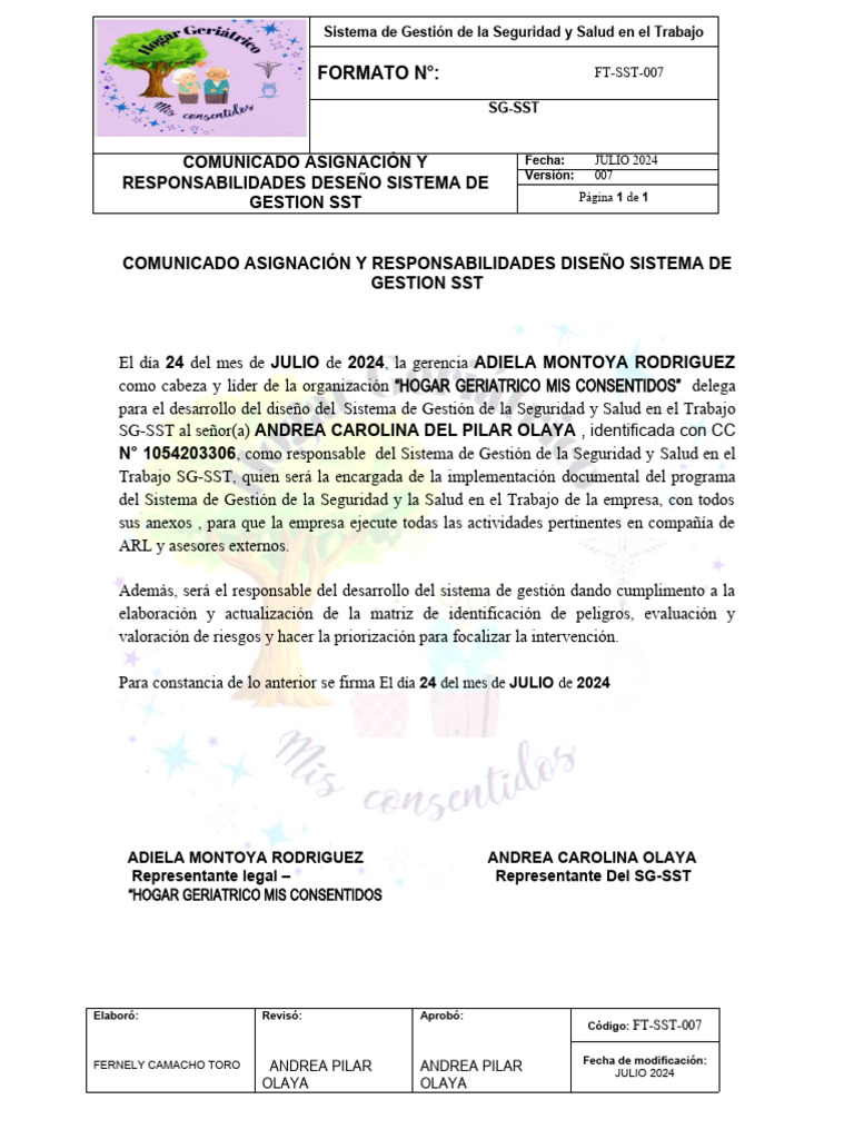 Cm-sst-007 Comunicado Asignación y Responsabilidades Deseño Sistema de Gestion SST | PDF