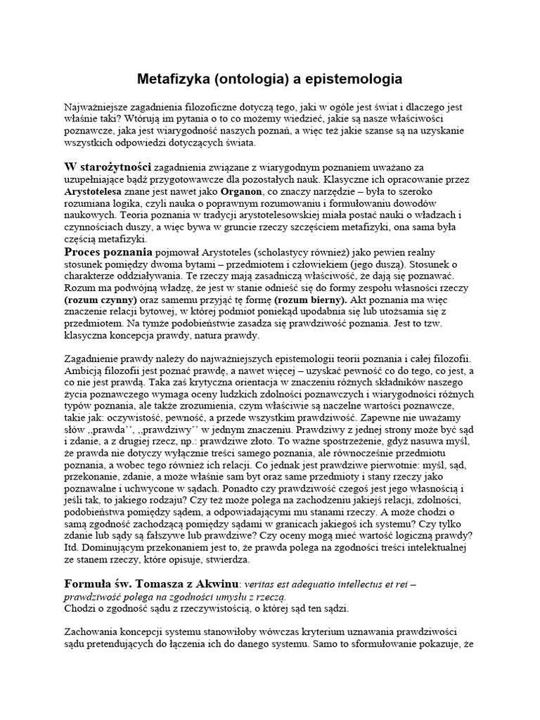 Wykład 3 - Metafizyka A Epistemologia | PDF