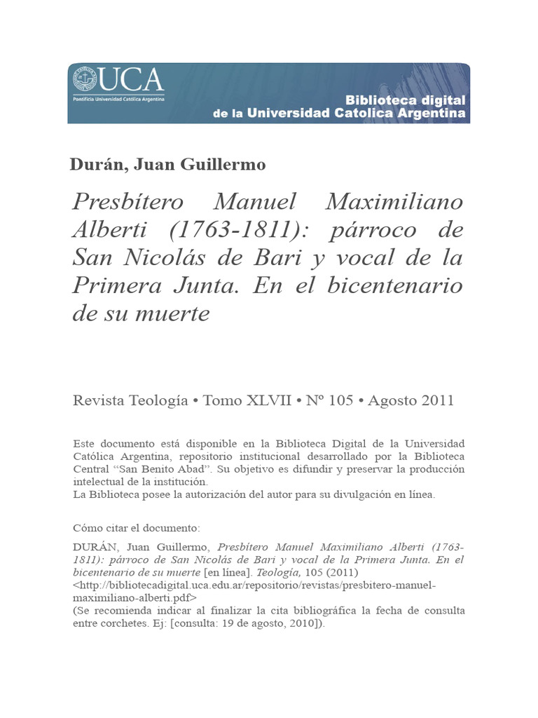 Presbitero Manuel Maximiliano Alberti | PDF | Buenos Aires