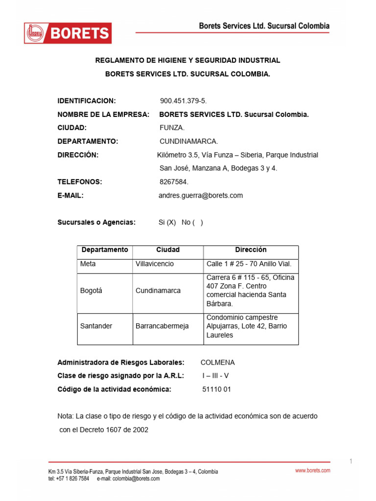 Reglamento de Seguridad Industrial Borets Colombia | PDF