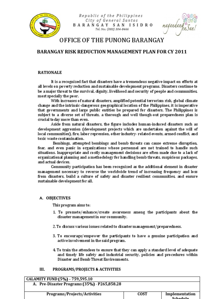 DRRM PLAN | Emergency Management | Risk