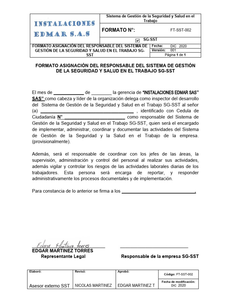 FT-SST-002 Formato Asignación Responsable Del SG-SST | PDF
