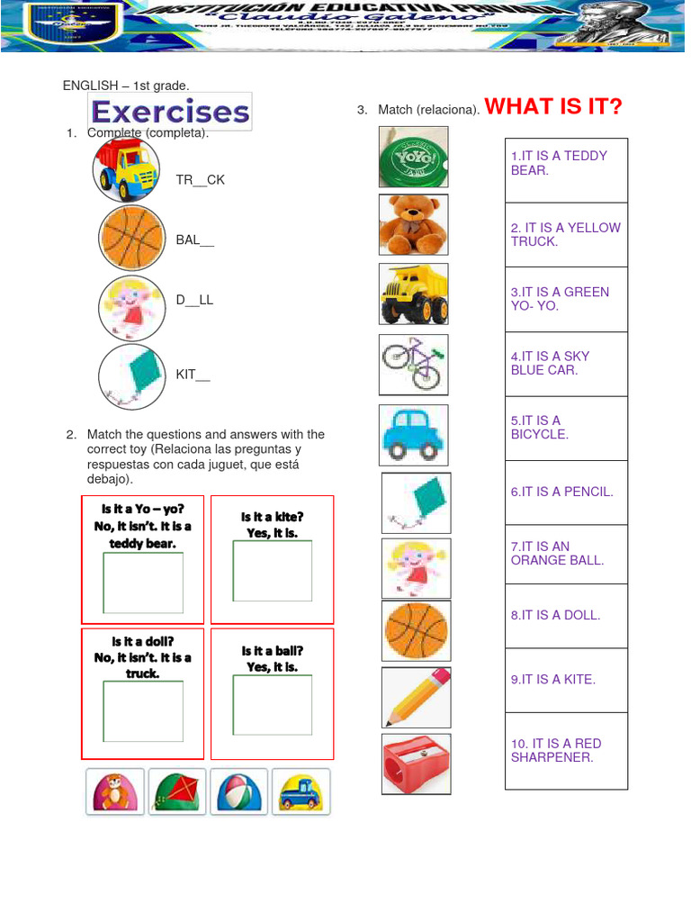 1st Grade English Toy Matching Activity | PDF