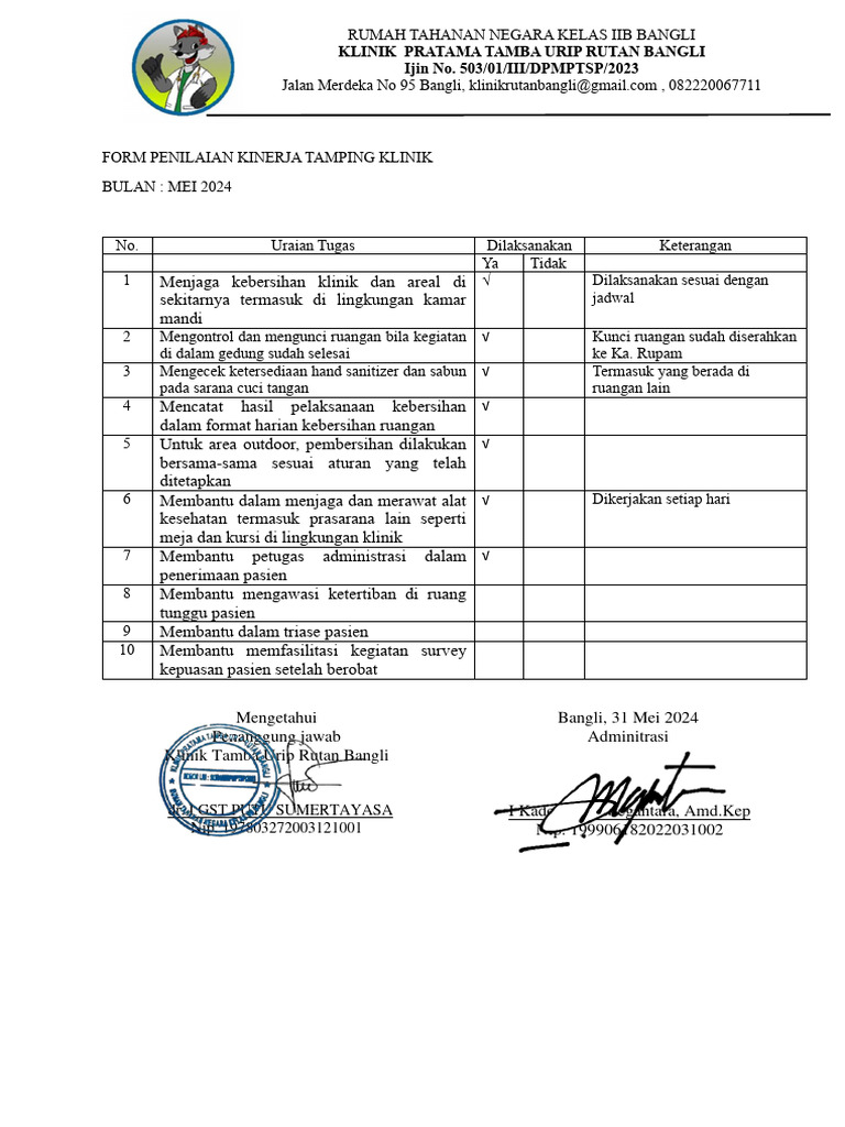 Form Penilaian Kinerja Tamping Klinik | PDF