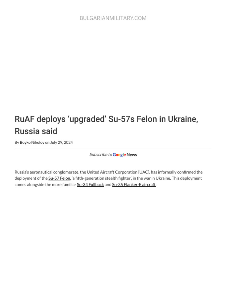 RuAF Deploys 'Upgraded' Su-57s Felon in Ukraine, Russia Said | PDF ...