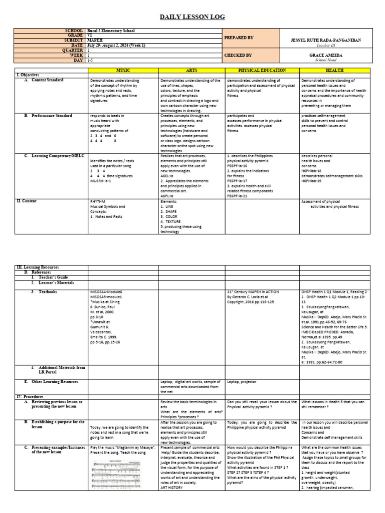 DLL Mapeh Q1W1 | PDF | Learning | Physical Fitness