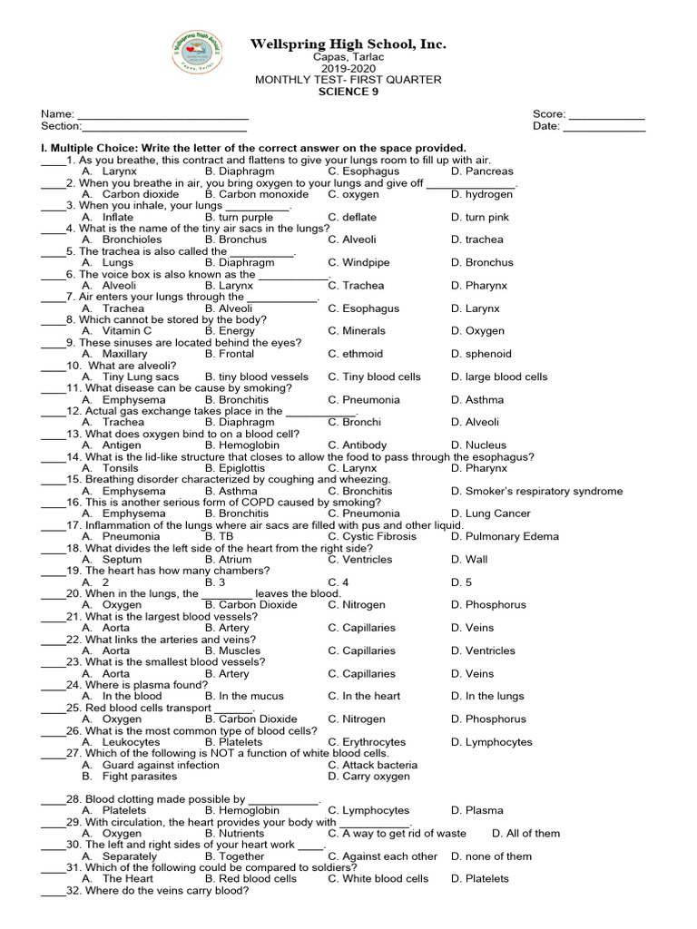 Science 9 Monthly Test: First Quarter | PDF | Heart | Heart Valve