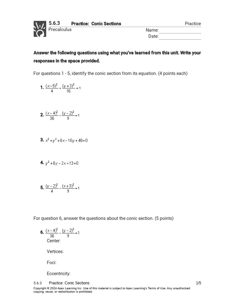 5.6.3 Practice - Conic Sections (Practice) | PDF | Theoretical Computer ...