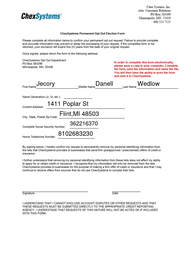 Chex System Opt Out | PDF | Service Industries