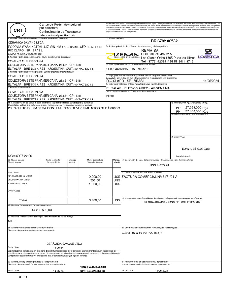 Ejemplo Documento Transporte Internacional | PDF