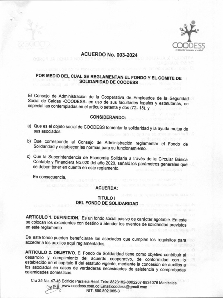 Acuerdo 003 Comite de Solidaridad | PDF