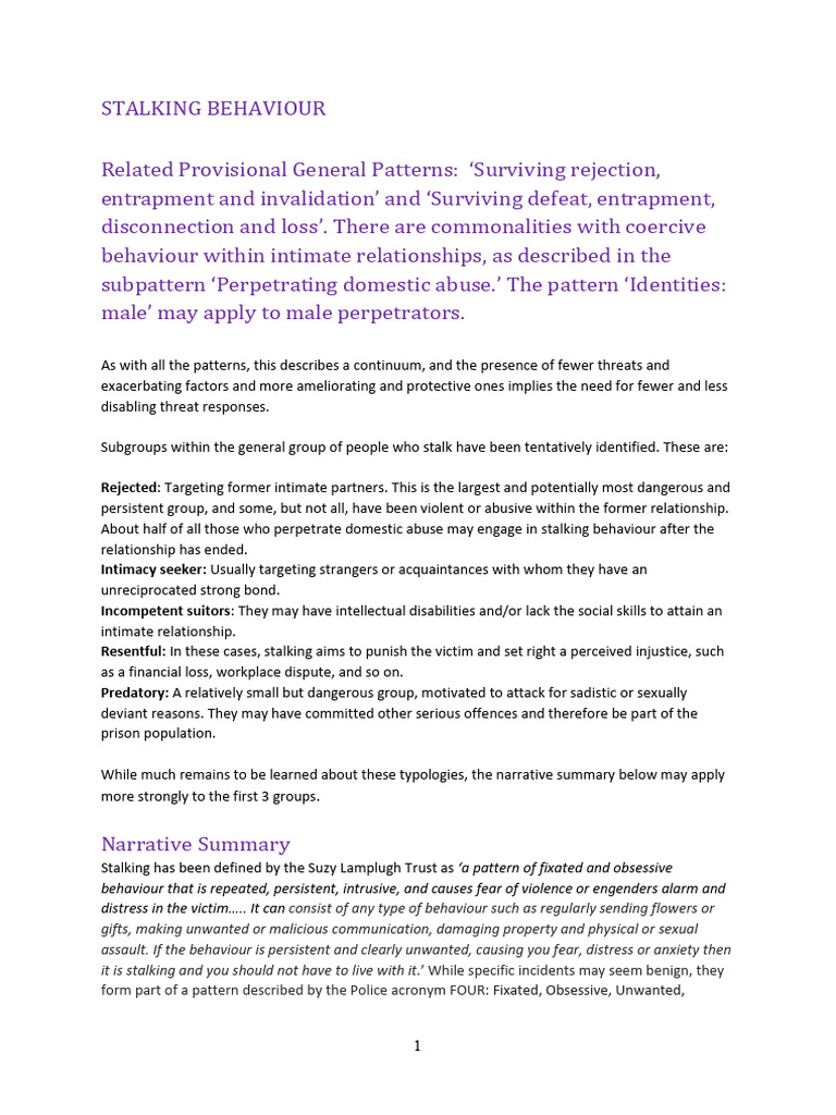 PTMF Pattern - Stalking Behaviour | PDF | Stalking | Attachment Theory