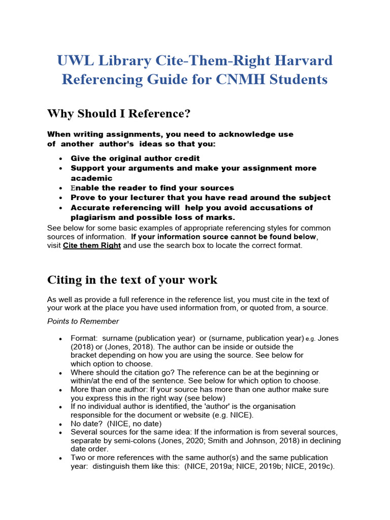 Cite Them Right Harvard Referencing Guide For CNMH Students | PDF ...