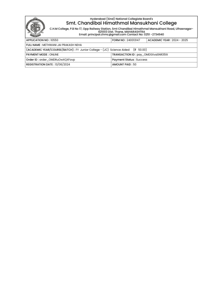 CHM College Admission Confirmation | PDF