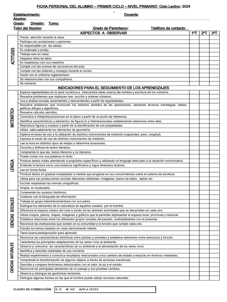 Ficha Legajo Del Alumno Primer Ciclo | PDF | Crecimiento personal y ...