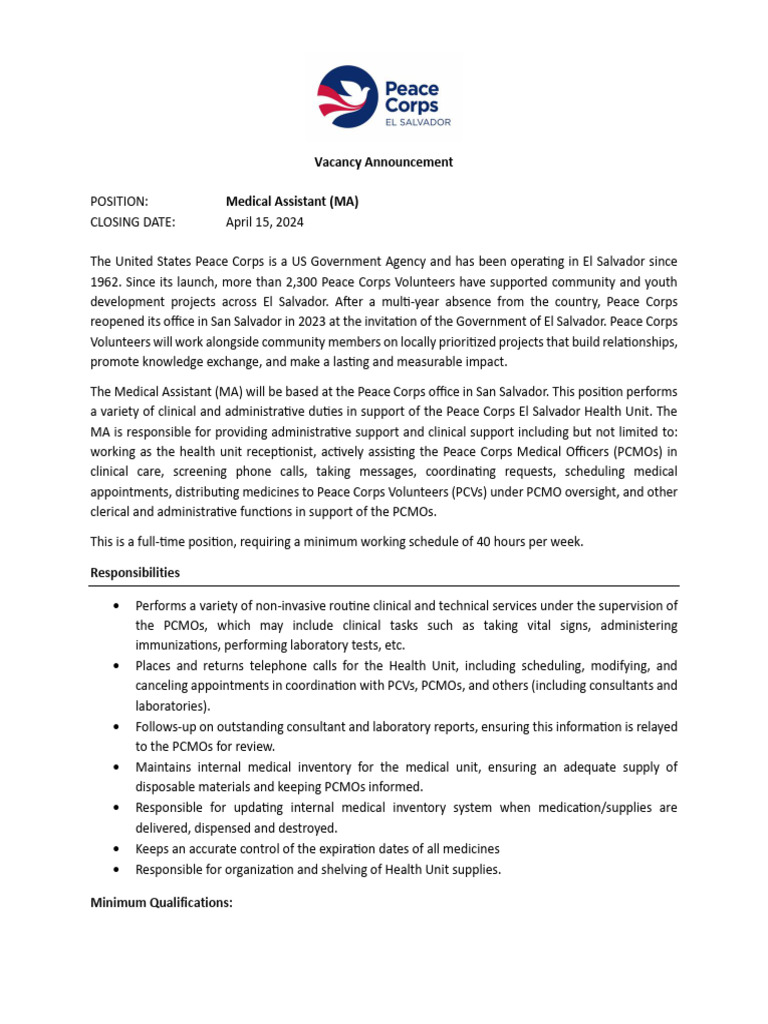 Medical Assistant Vacancy | PDF | Peace Corps