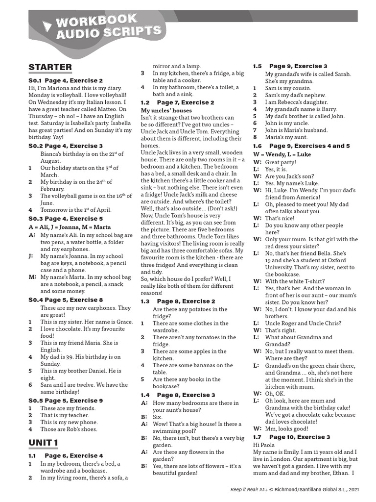 Keep It Real A1 Workbook Audioscripts | PDF | Wellness | Mystery, Thriller & Crime Fiction