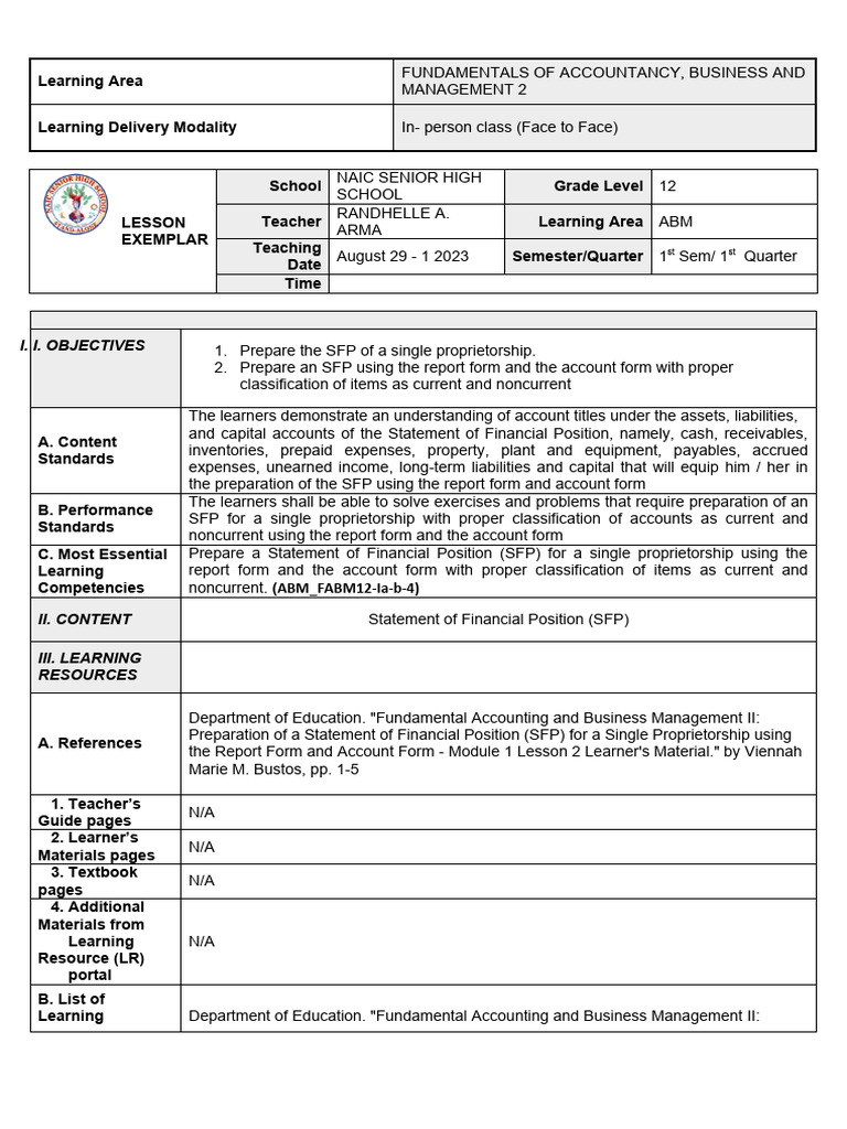 FABM 2 DLP Q1 Week 1 Day 2 | PDF | Balance Sheet | Equity (Finance)