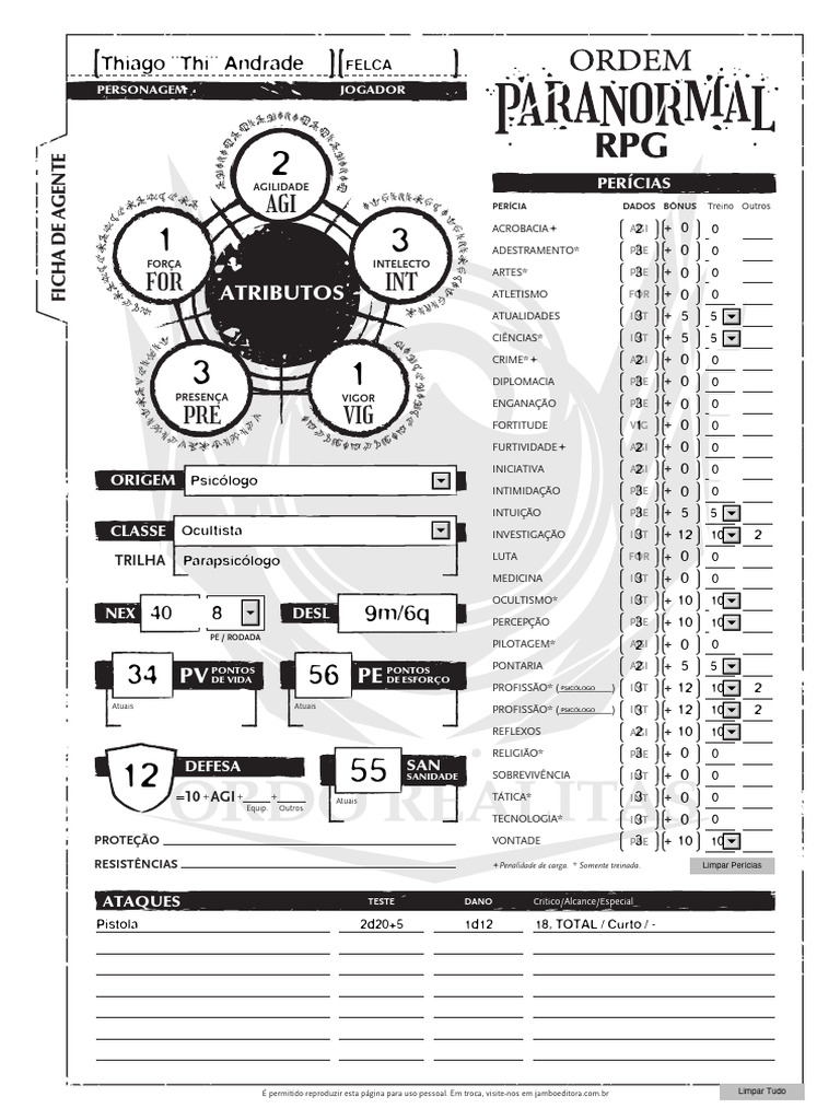 Ordem Paranormal - Ficha de Personagem THI ATUALIZADA 40 NEX | PDF