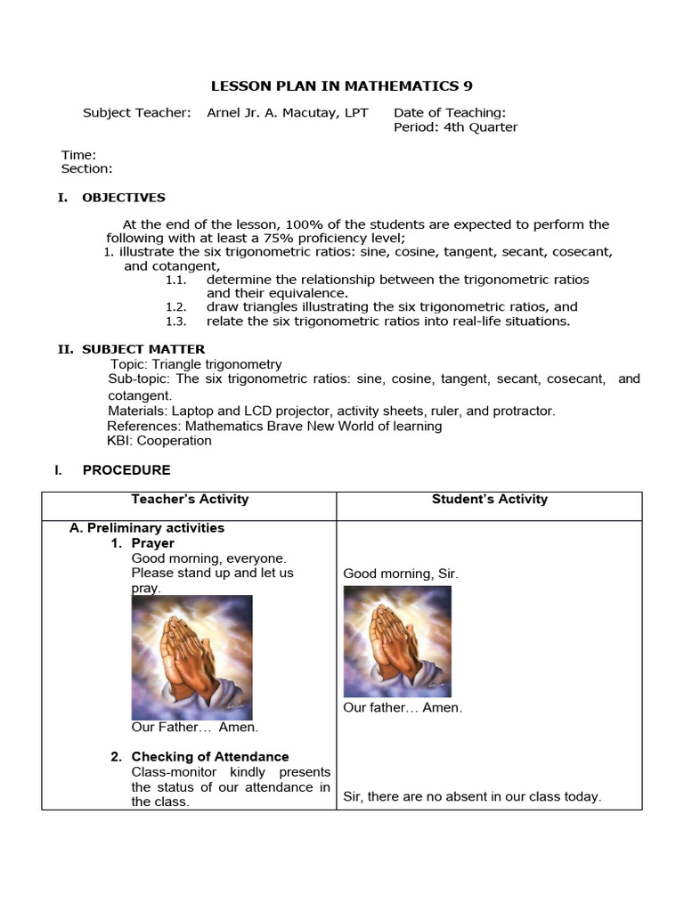Trigonometric Ratios Lesson Plan | PDF | Trigonometric Functions ...