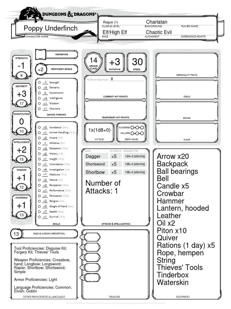 Example LVL 1 Rouge Character Sheet Dnd5e | PDF