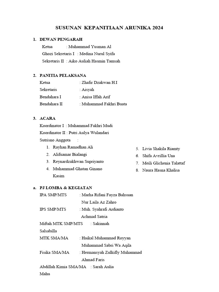 STRUKTUR KEPANITIAAN ARUNIKA 2024 - Google Dokumen | PDF