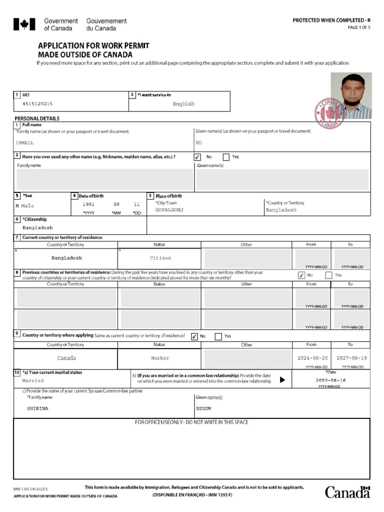 MD Ismail Canada Work Visa Application Form | PDF