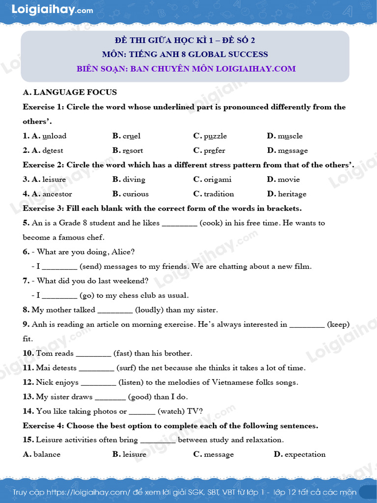 De Thi Giua Ki 1 Tieng Anh 8 Global Success de So 2 1696494152 | PDF | Vietnamese People