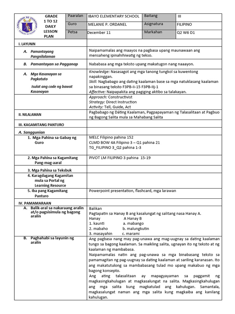 DLP - Filipino 3 - Q2 W6 | PDF