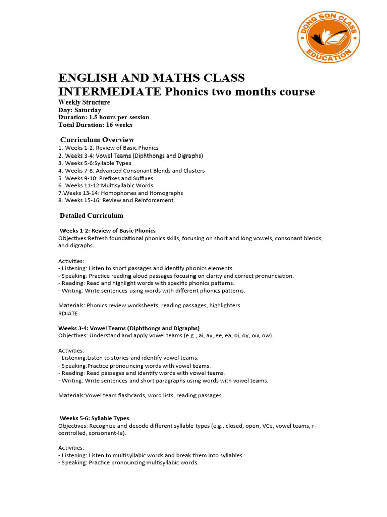 INTERMEDIATE Phonics Two Months Curriculum | PDF | Phonics | Word