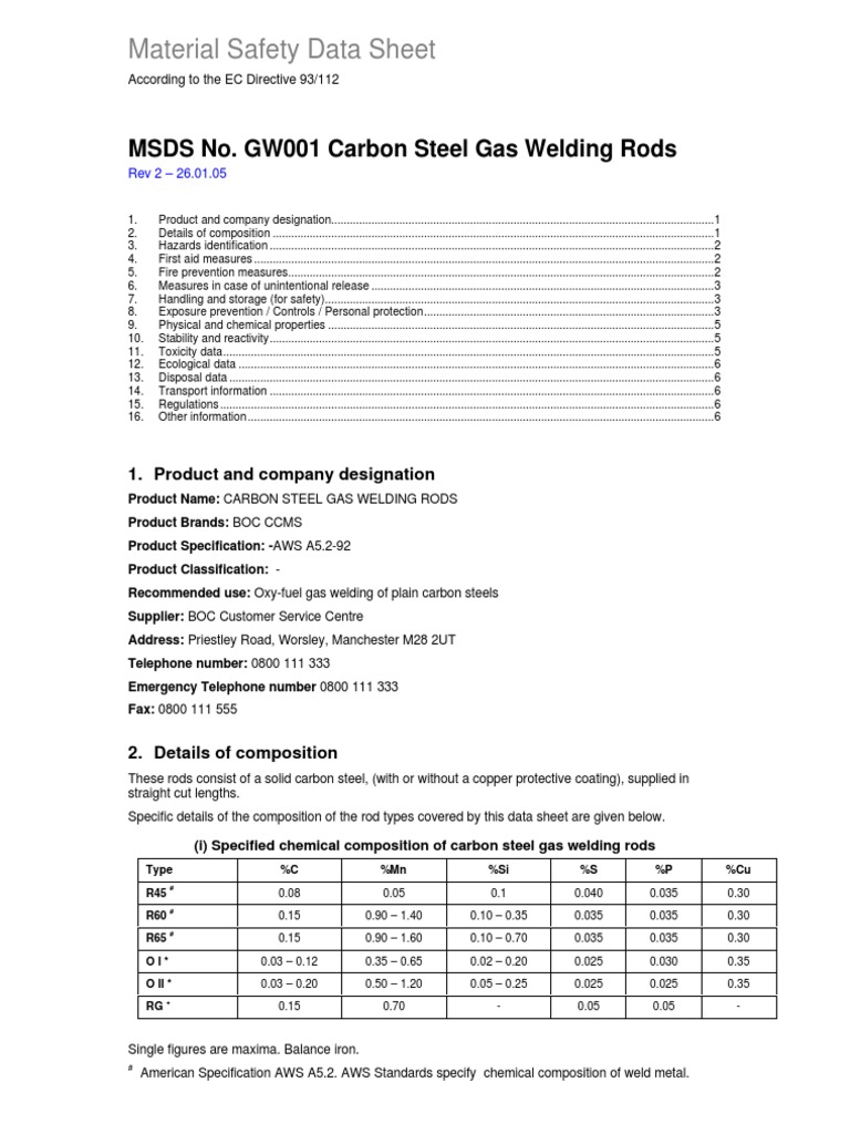 Material Safety Data Sheet: MSDS No. GW001 Carbon Steel Gas Welding ...