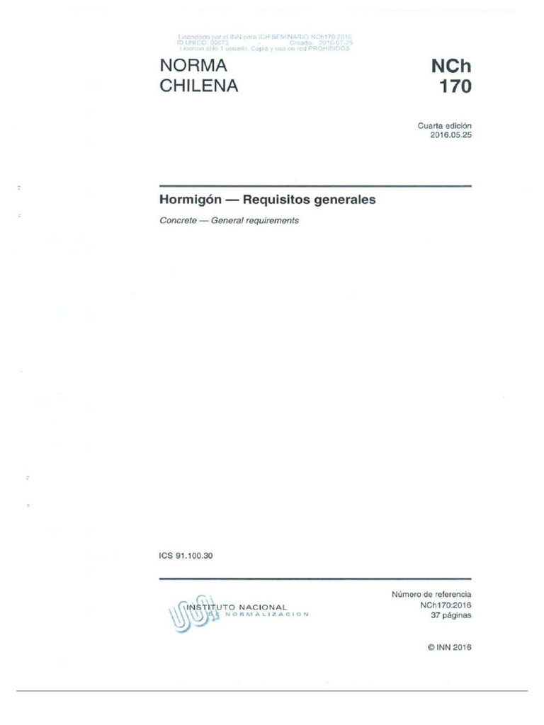 NCH 170 of 2016 Norma Chilena de Hormigon Actualizada Compre 5esah Ocr | PDF | Hormigón | Cemento