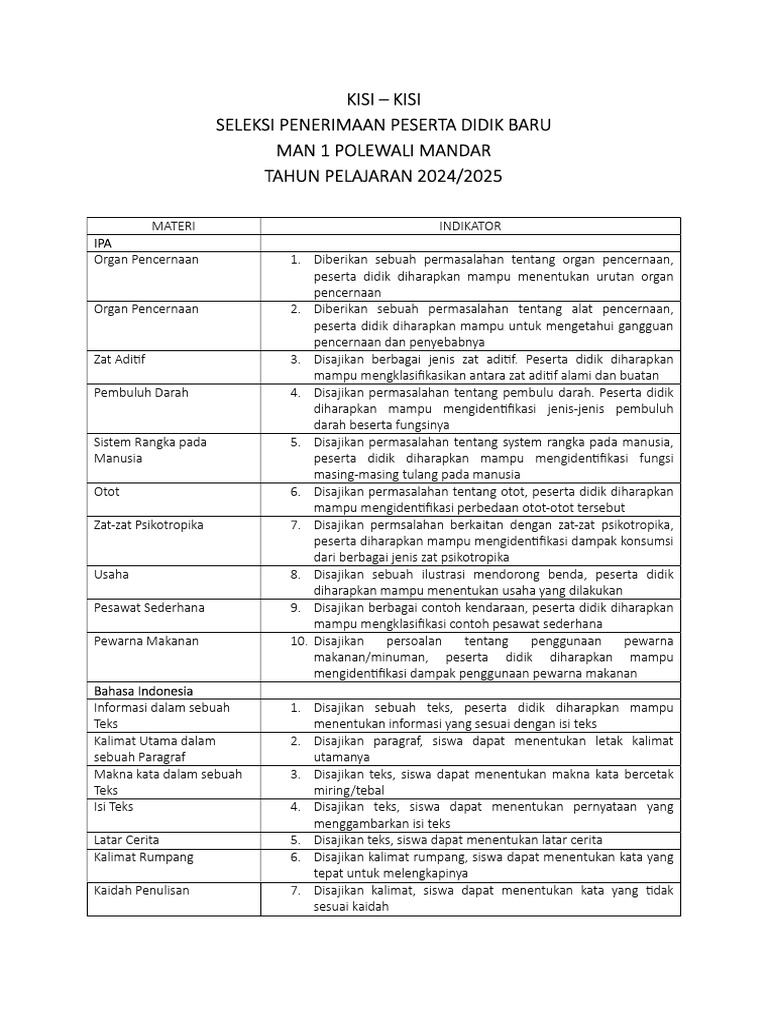 Kisi-Kisi Seleksi PPDB 2024 | PDF
