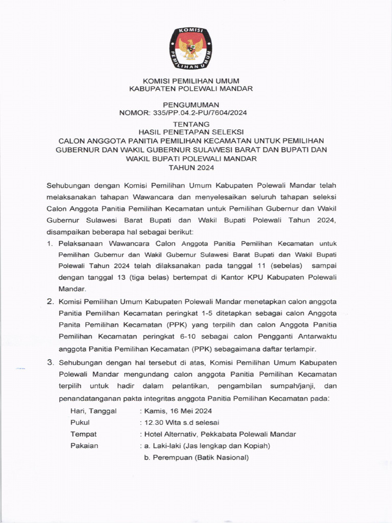 Pengumuman Hasil Seleksi PPK Pilkada 2024 | PDF